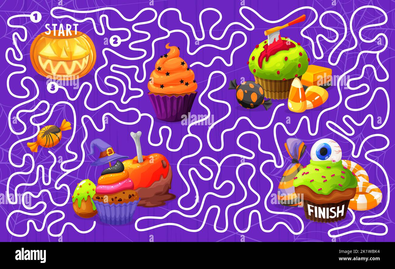 Labyrinth maze. Halloween pumpkin a sweets, cookie and cakes. Children ...