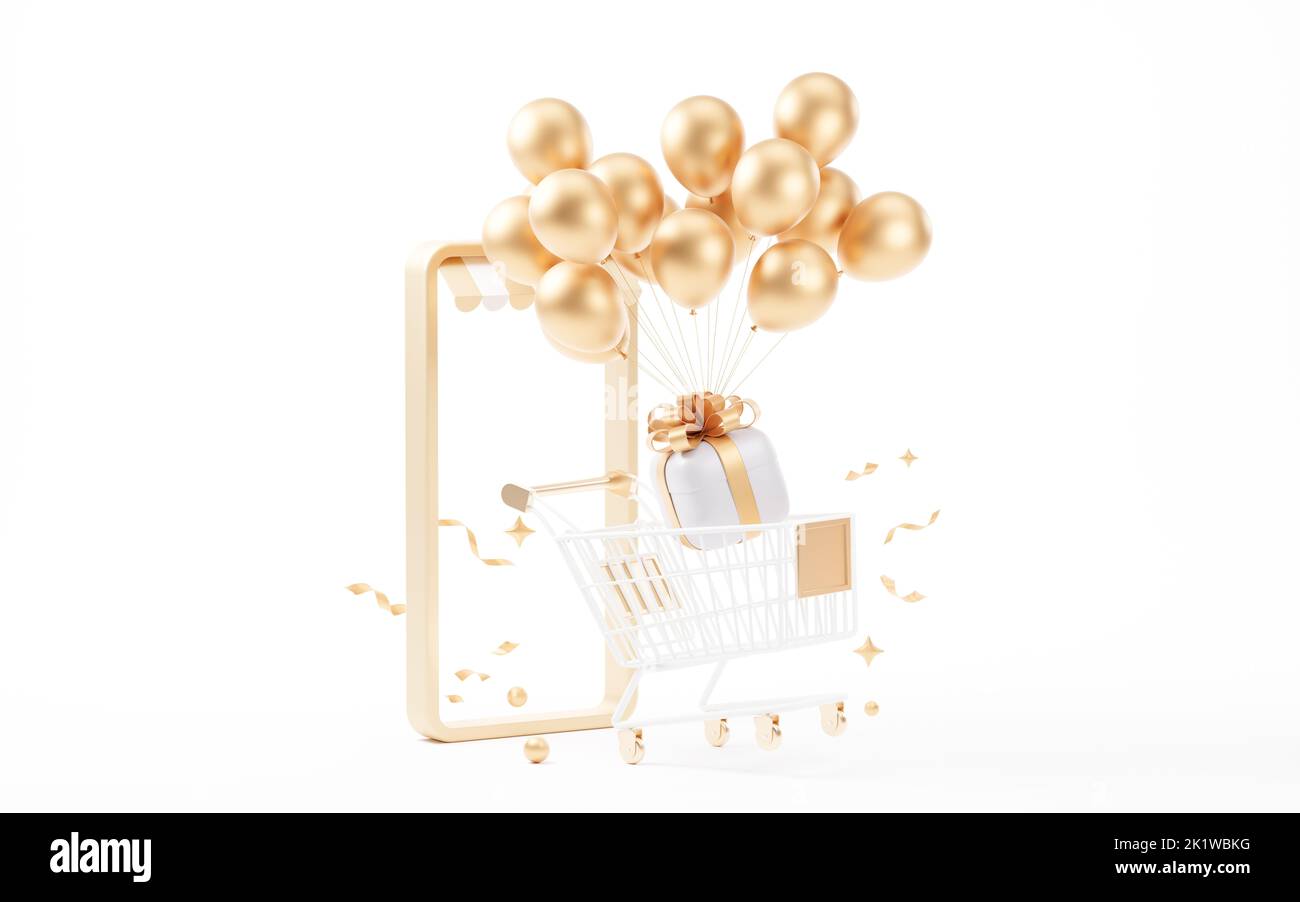 Shopping cart with gift boxes, 3d rendering. Computer digital drawing ...