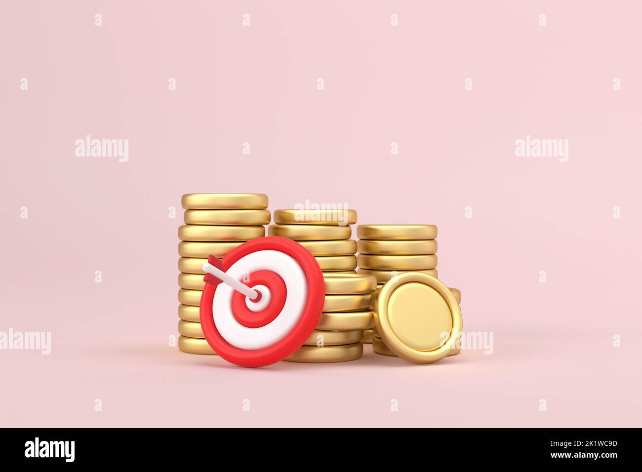 Red target and arrows with stacks coins on pink background. Business ...