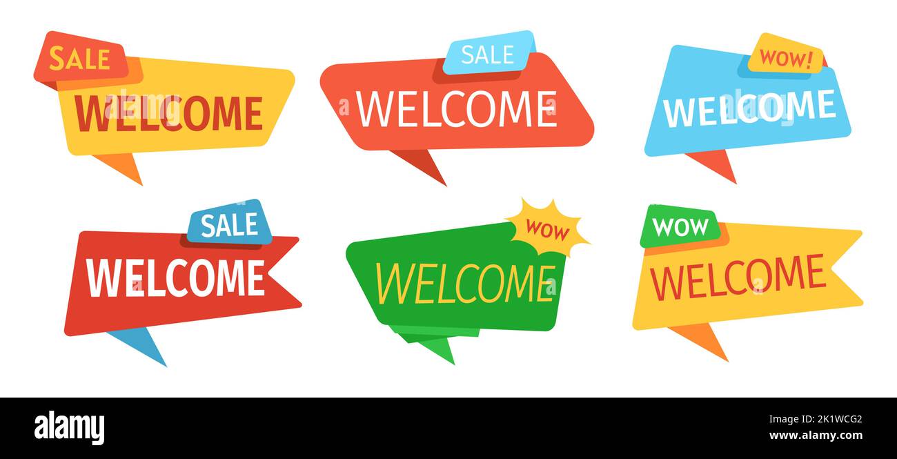 Welcome banner tag template set. Advertising offer discount sale sign ...