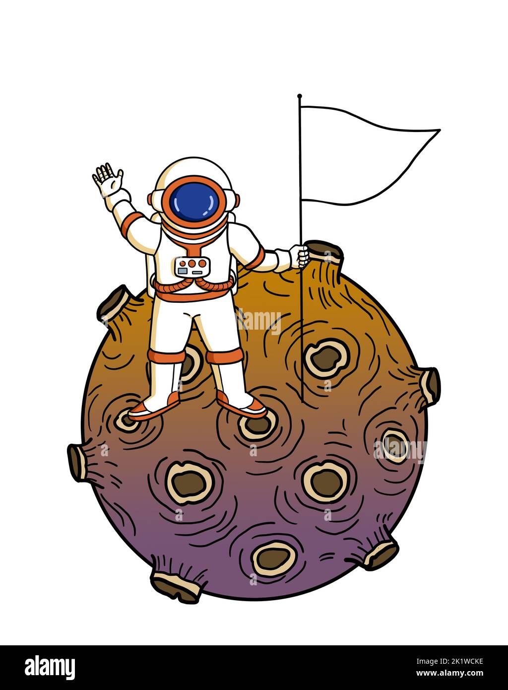 An astronaut holding a white flag standing on a planet. Success goal ...
