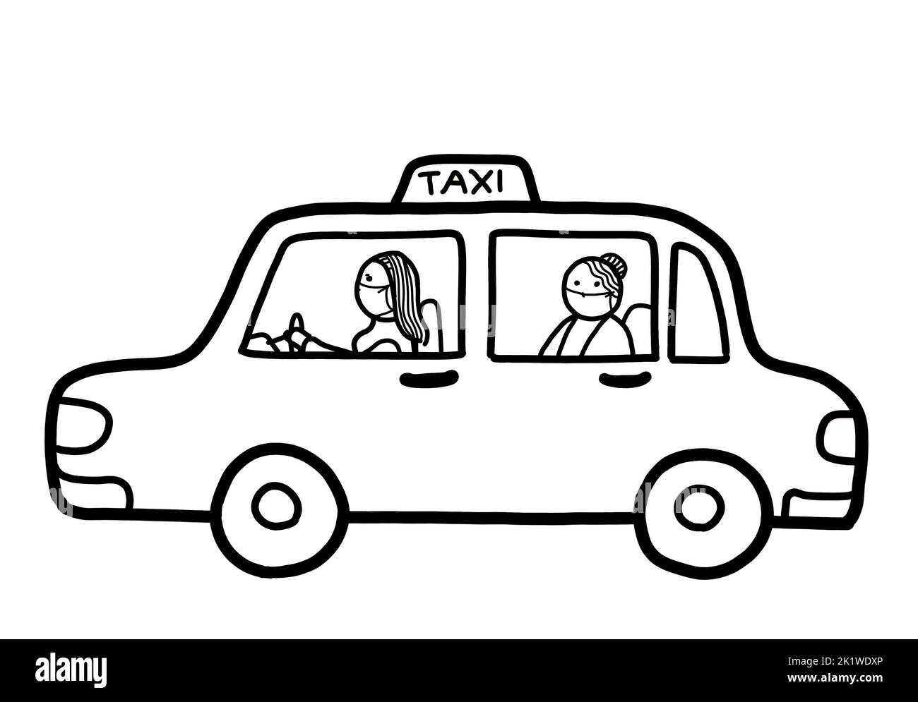 A taxi car with a female driver and female passenger wearing protective ...