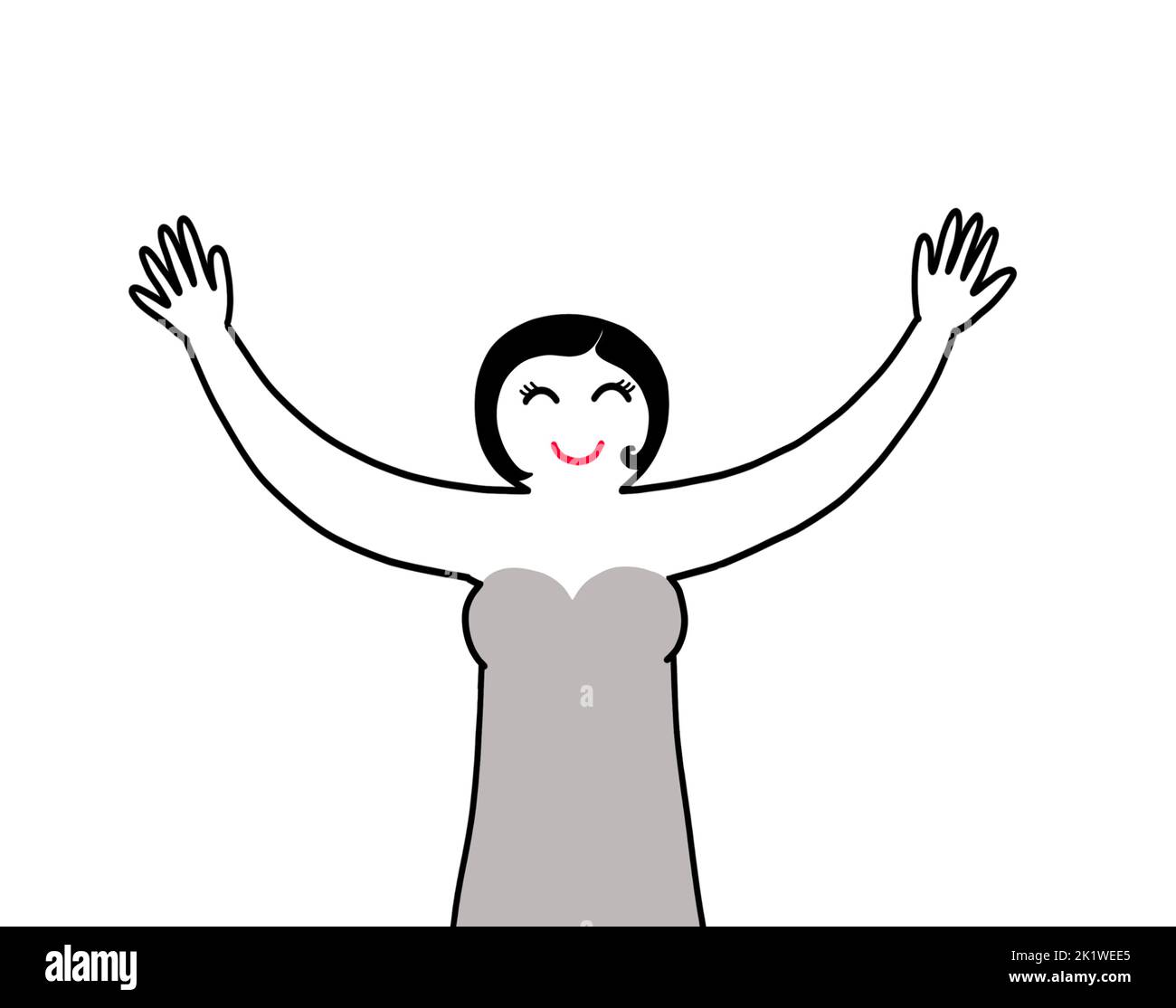 A young female woman raising arms and hands up gesture smiling ...