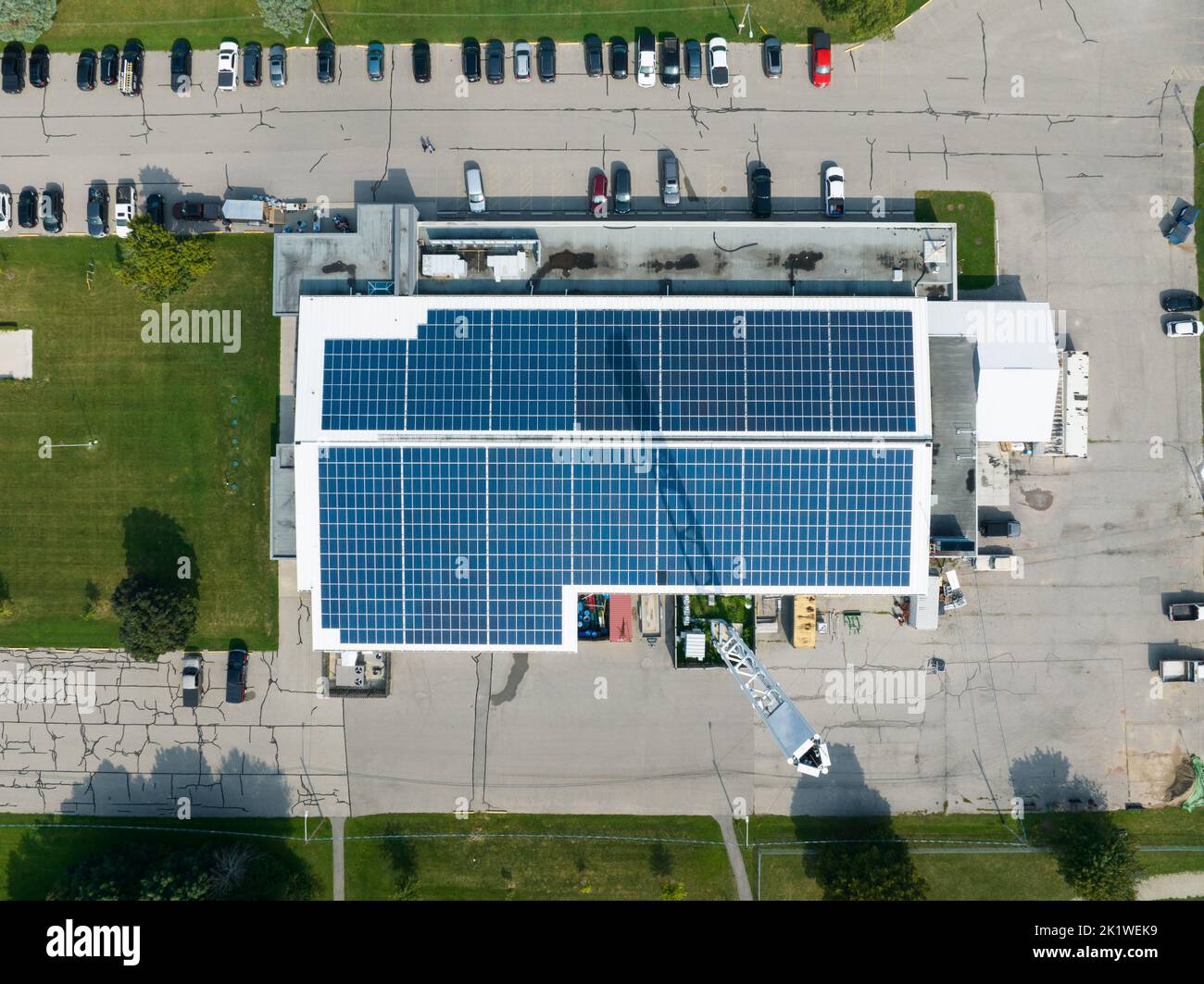 A top-down, overhead view looking down on the building with solar ...