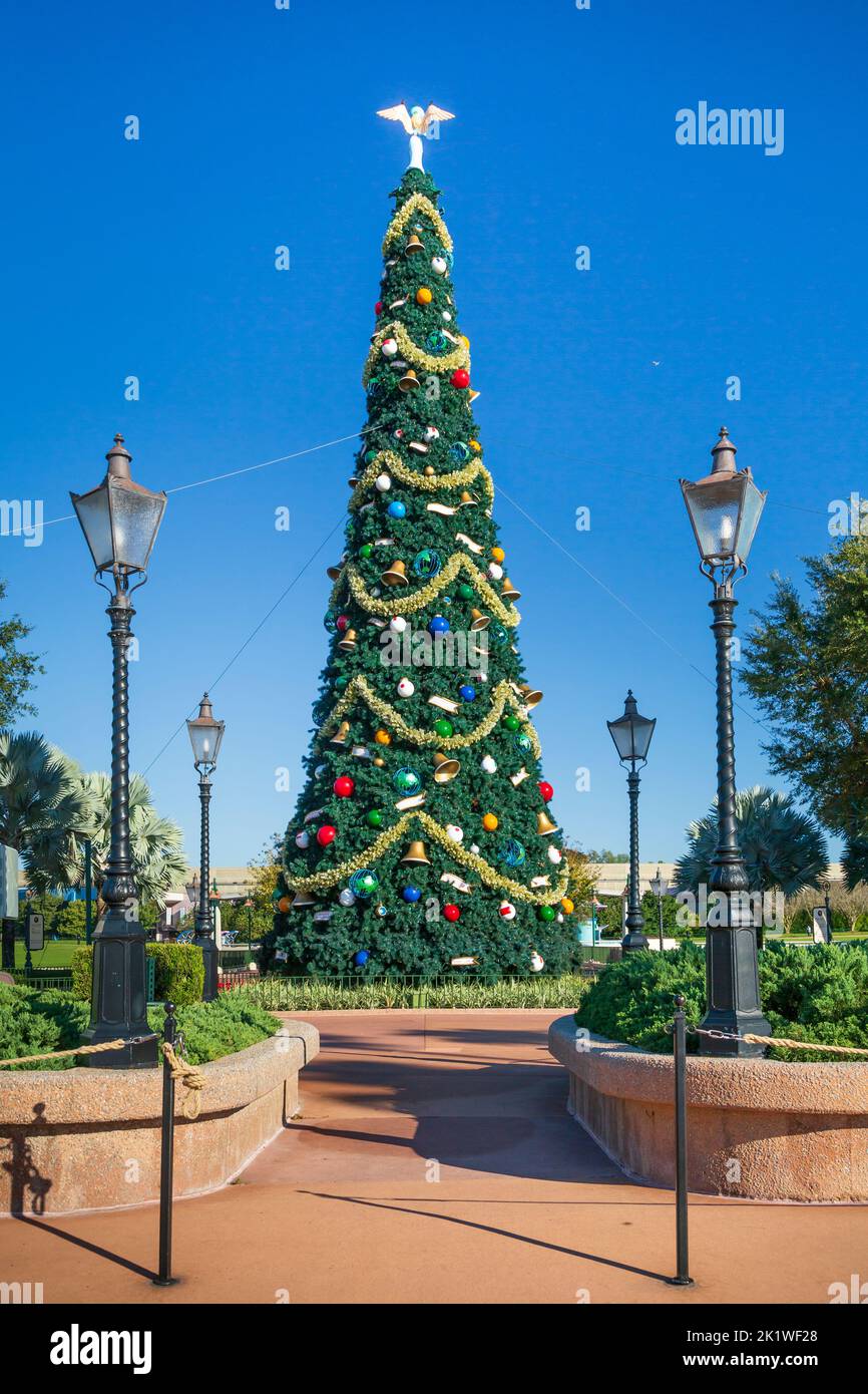 A tall Christmas tree decorated at Epcot Center, Orlando, Florida, USA ...