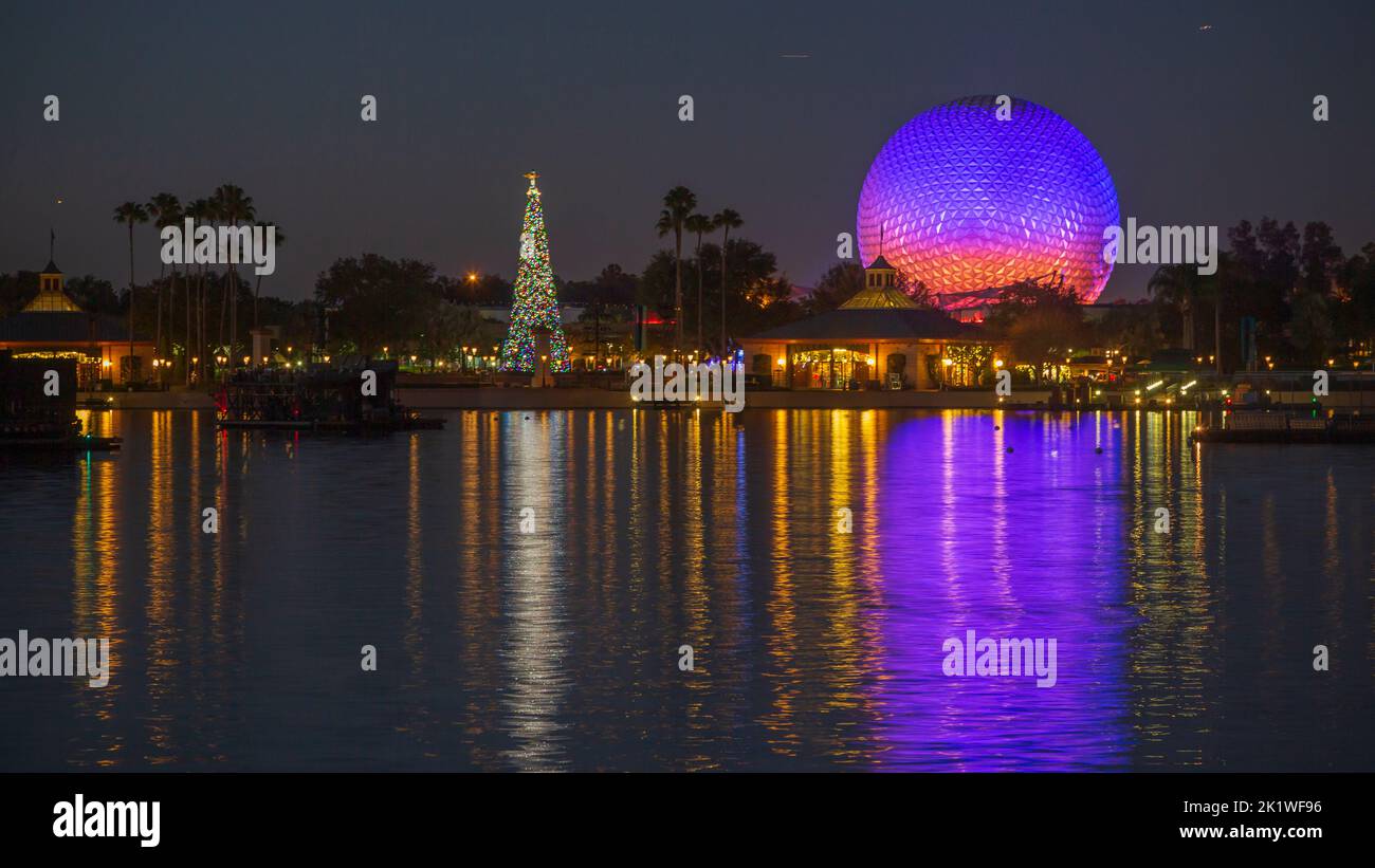 The Spaceship Earth dome illuminated at night at Epcot Center, Orlando ...