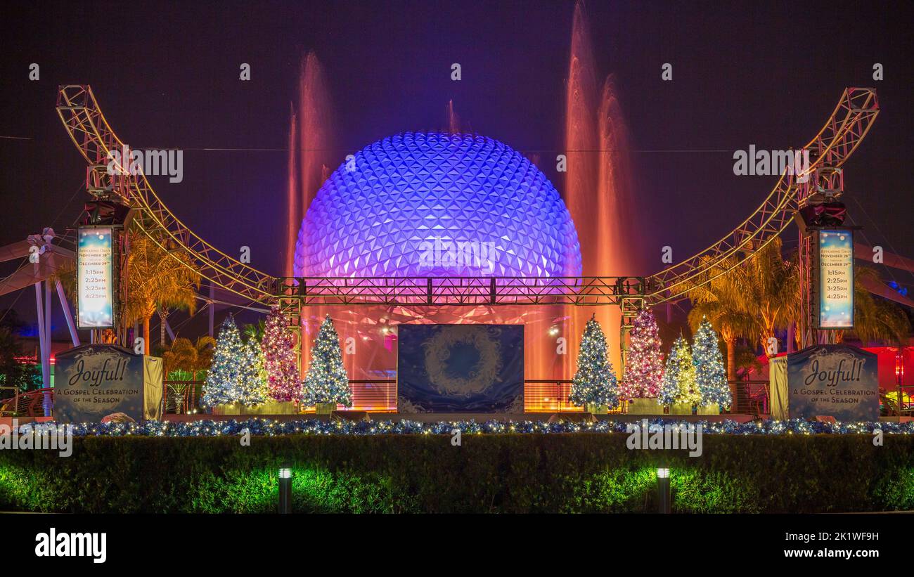 The Spaceship Earth dome illuminated at night at Epcot Center, Orlando ...