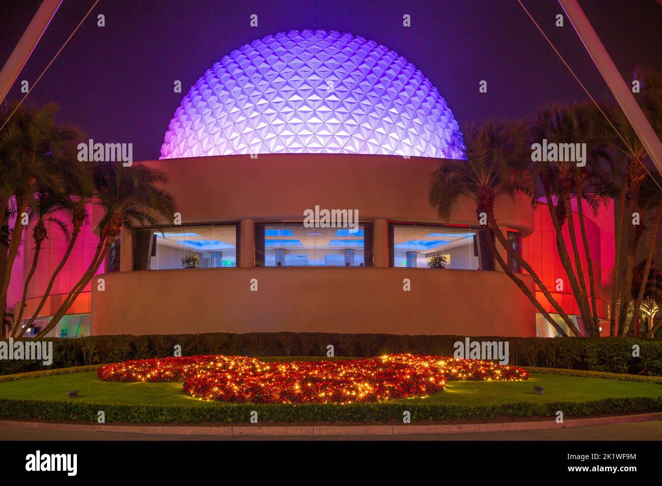 The Spaceship Earth dome illuminated at night at Epcot Center, Orlando ...