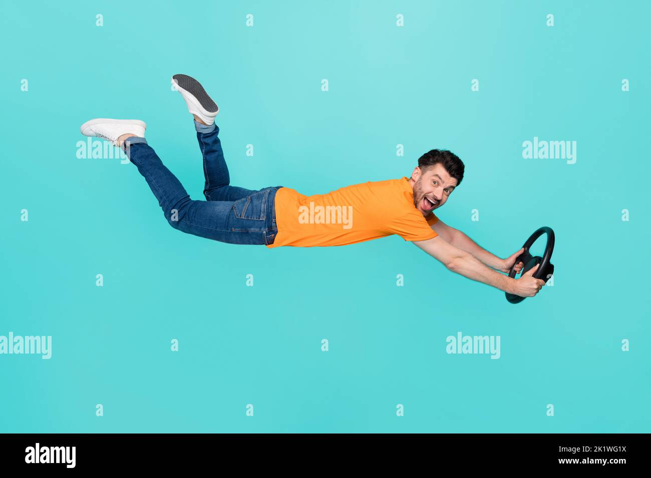 Profile side full body photo of guy flying fast riding futuristic car ...