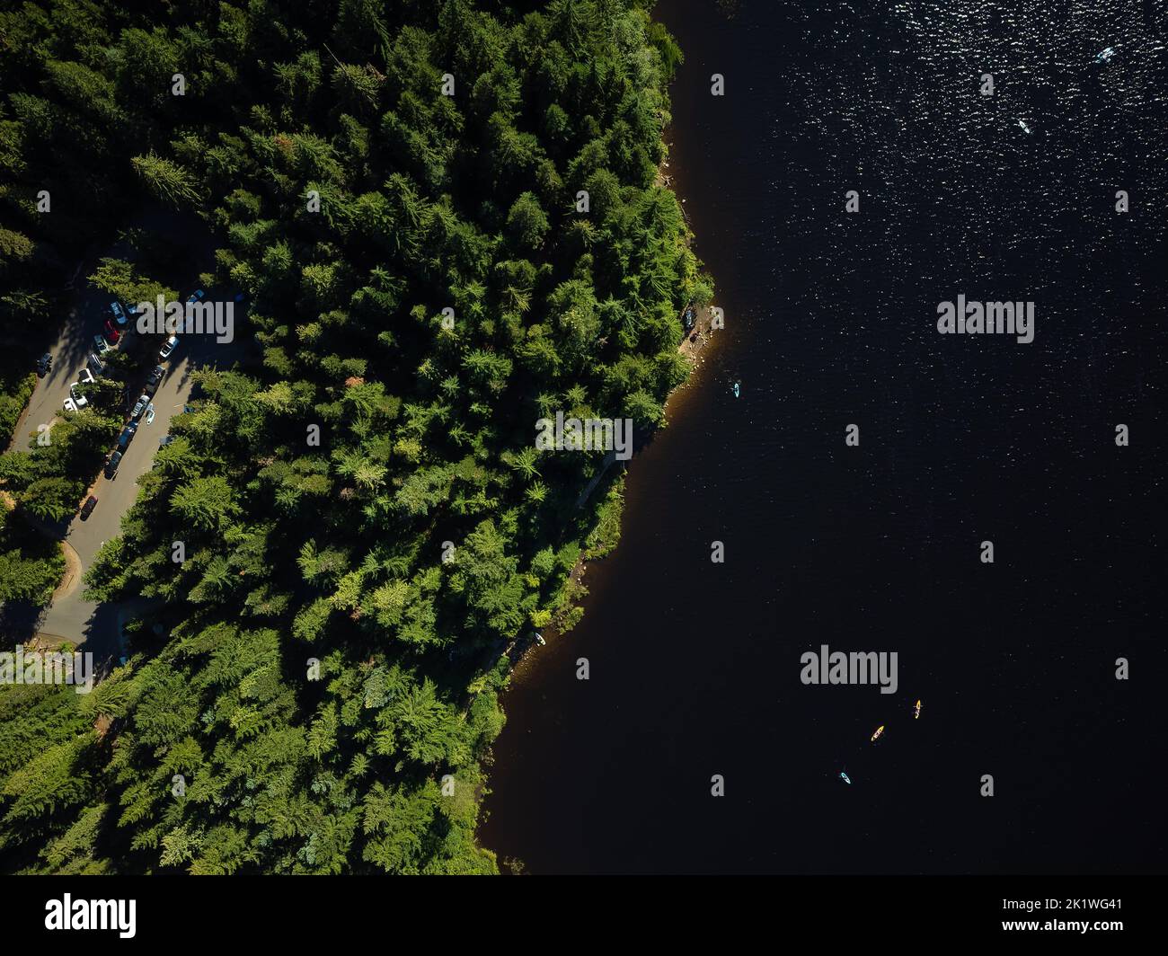 Top view of a beautiful landscape. The dark water of a large river and ...