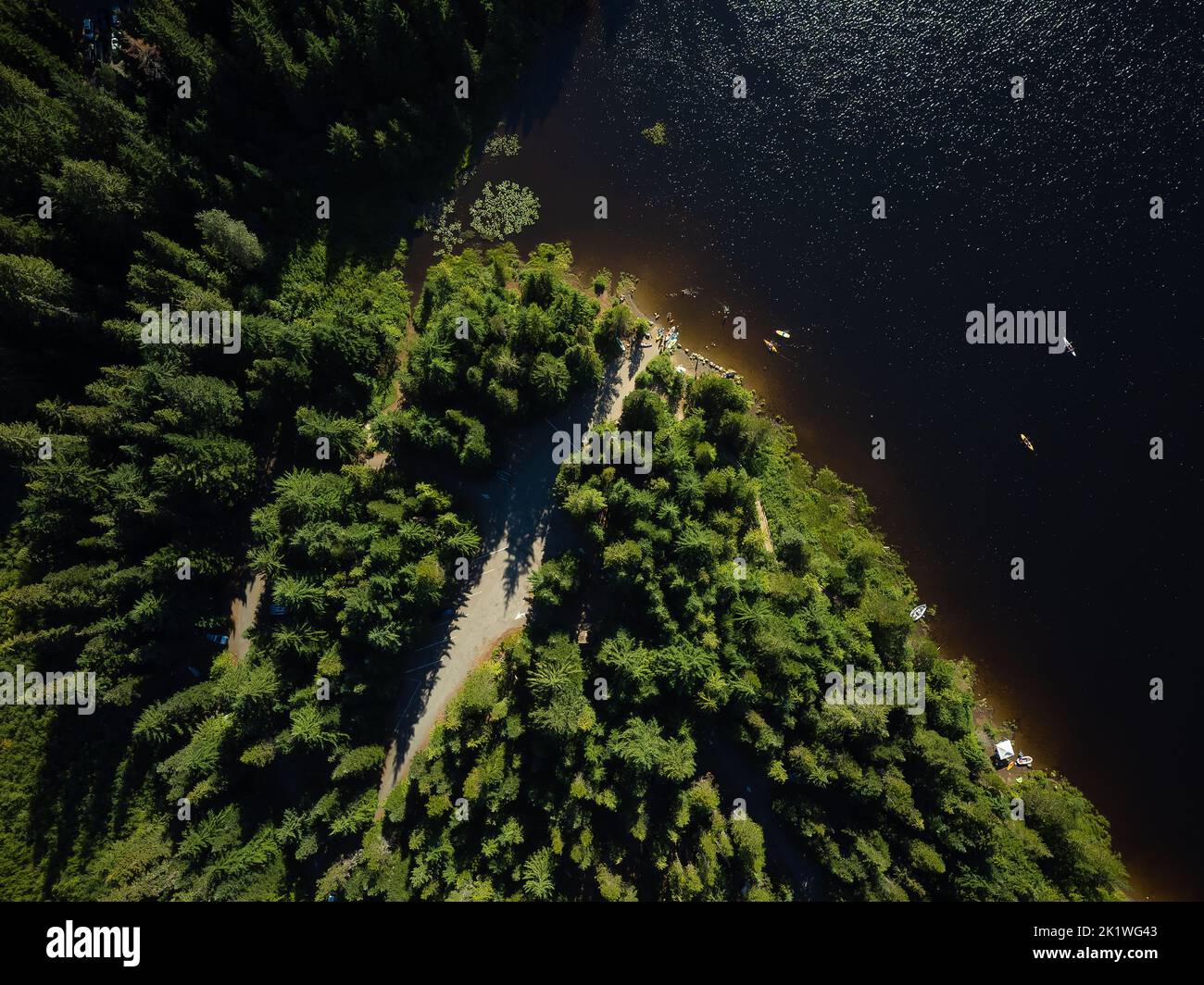 Shooting from a drone. A big blue river and a high bank overgrown with ...