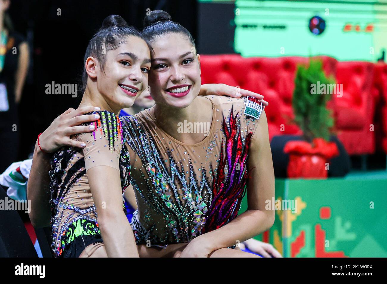 (L-R) Raffaeli Sofia (ITA) and Baldassarri Milena (ITA) pose for pictures during the Rhythmic ...