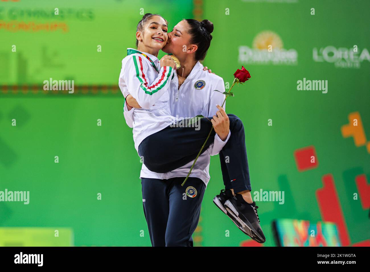 (L-R) Raffaeli Sofia (ITA) and Baldassarri Milena (ITA) celebrate the world champion gold medal ...