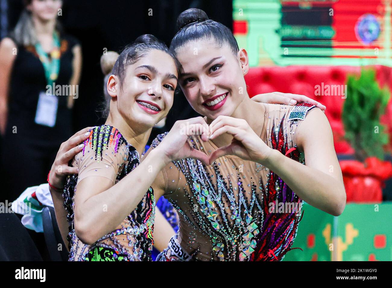 (L-R) Raffaeli Sofia (ITA) and Baldassarri Milena (ITA) pose for pictures during the Rhythmic ...