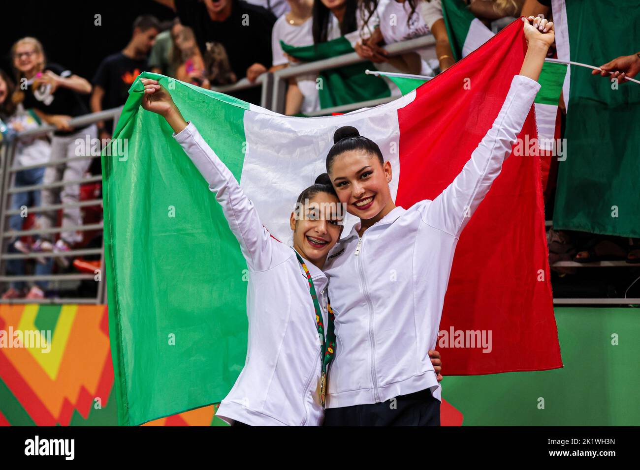 (lL-R) Raffaeli Sofia (ITA) and Baldassarri Milena (ITA) celebrate the world champion gold medal ...