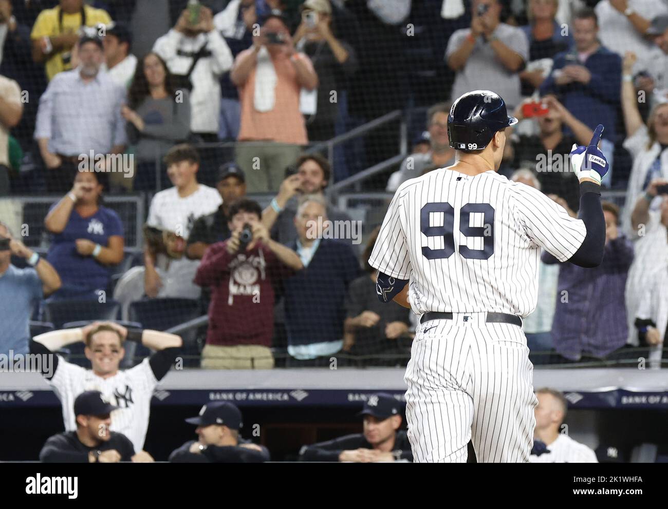 New York Yankees Aaron Judge acknowledges the cheering crowd after hitting his 60th home run of ...