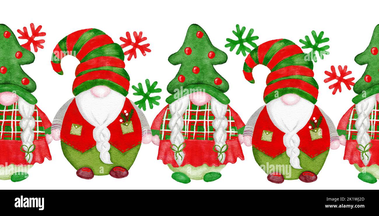 hand drawn seamless horizontal border with watercolor Christmas gnomes ...