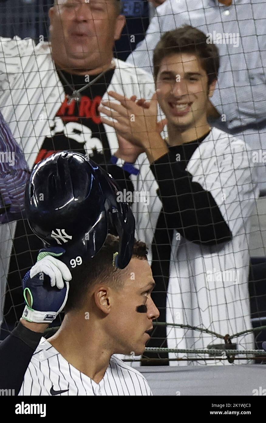 New York Yankees Aaron Judge tips his helmet after he hit his 60th home run of the season ...