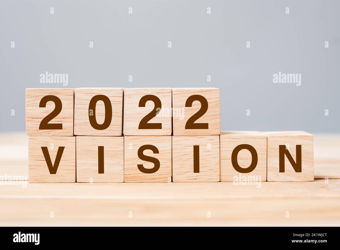 2022 VISION cube block on table background. Resolution, plan, review ...