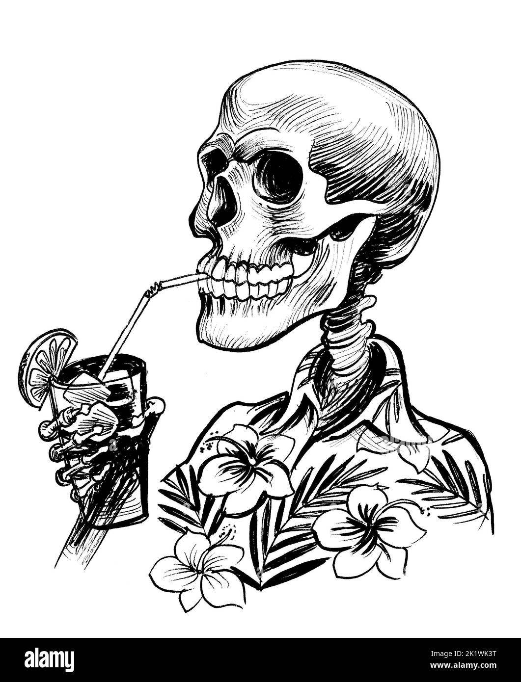 Human skeleton drinking alcoholic cocktail. Ink black and white drawing ...