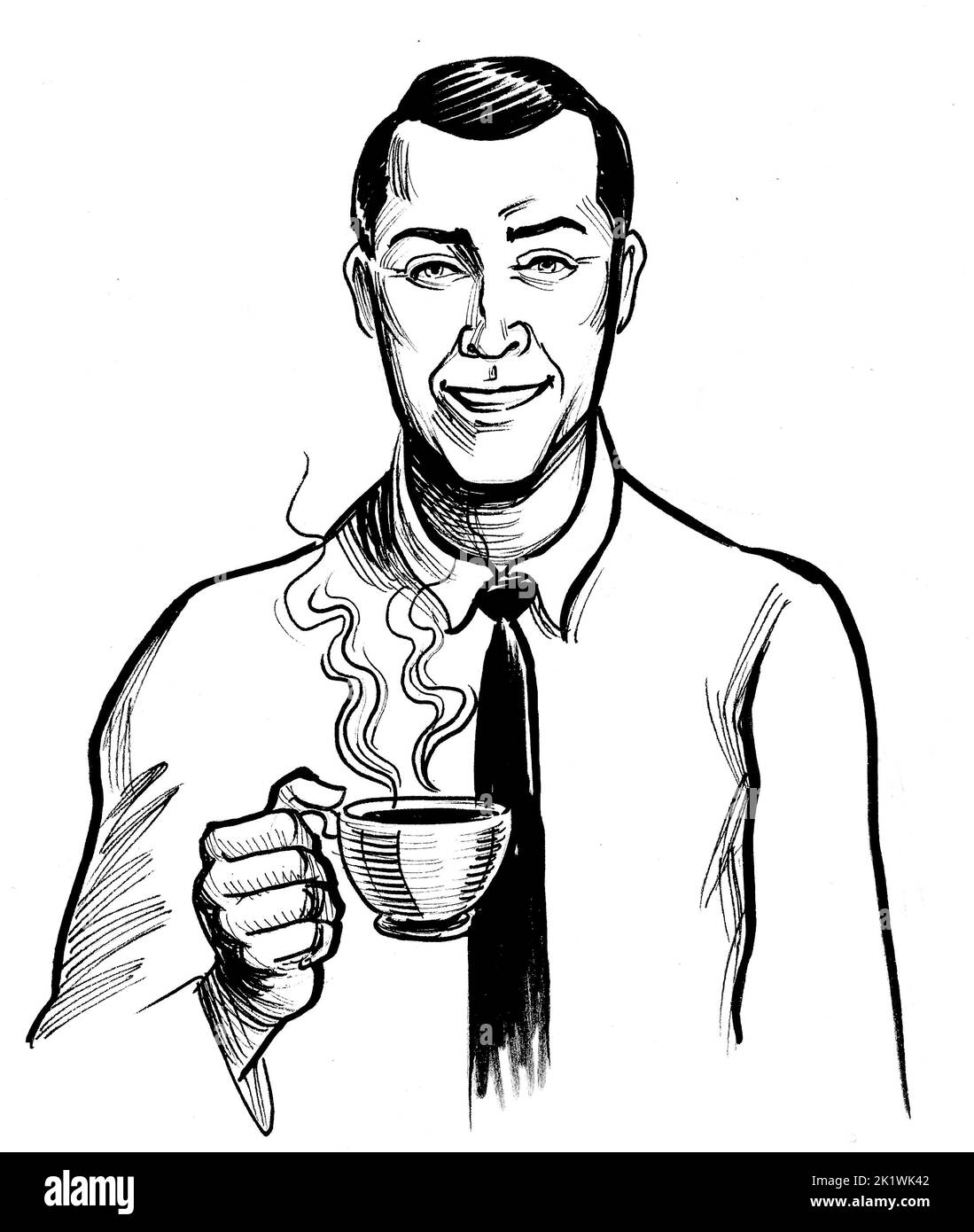Man drinking a cup of coffee. Ink black and white drawing Stock Photo ...