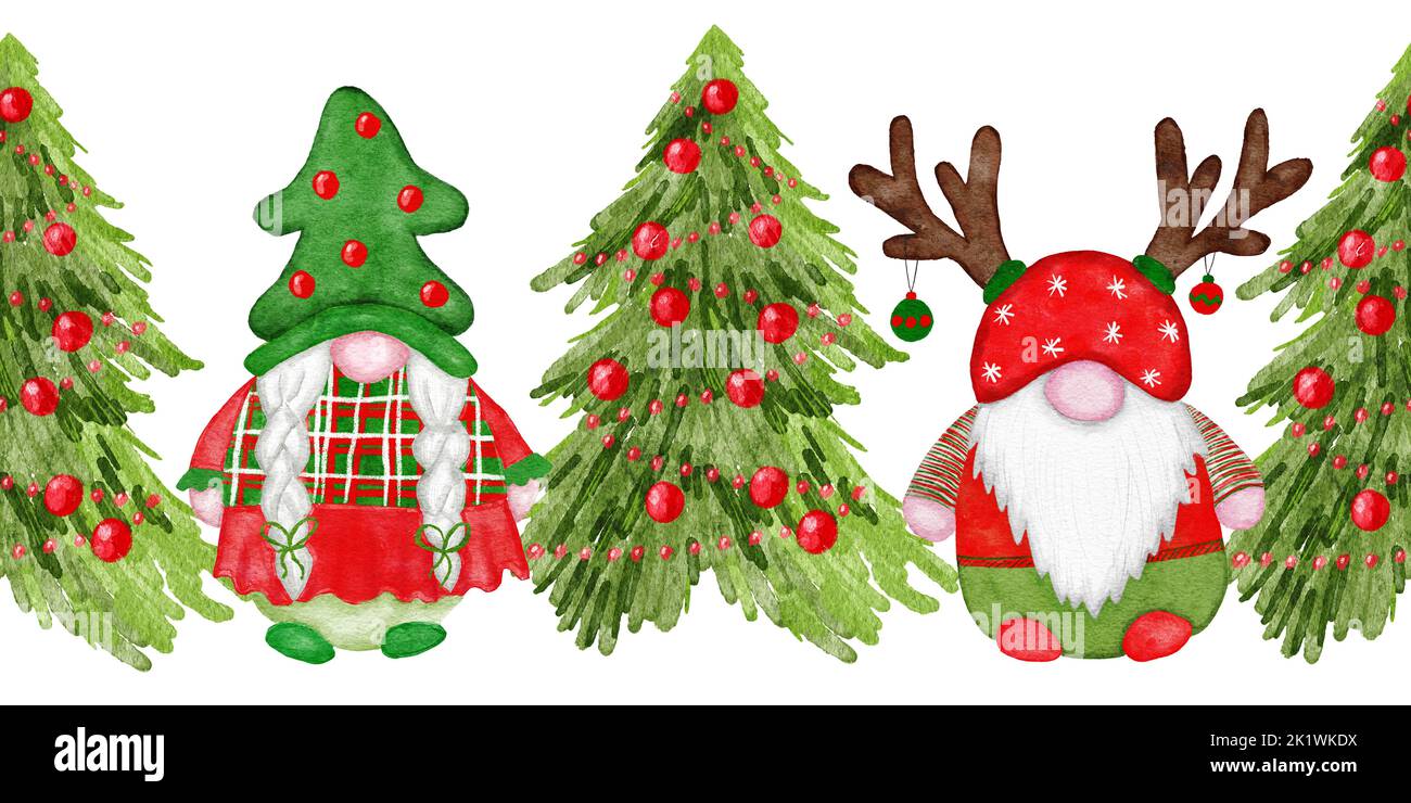 hand drawn seamless horizontal border with watercolor Christmas gnomes ...