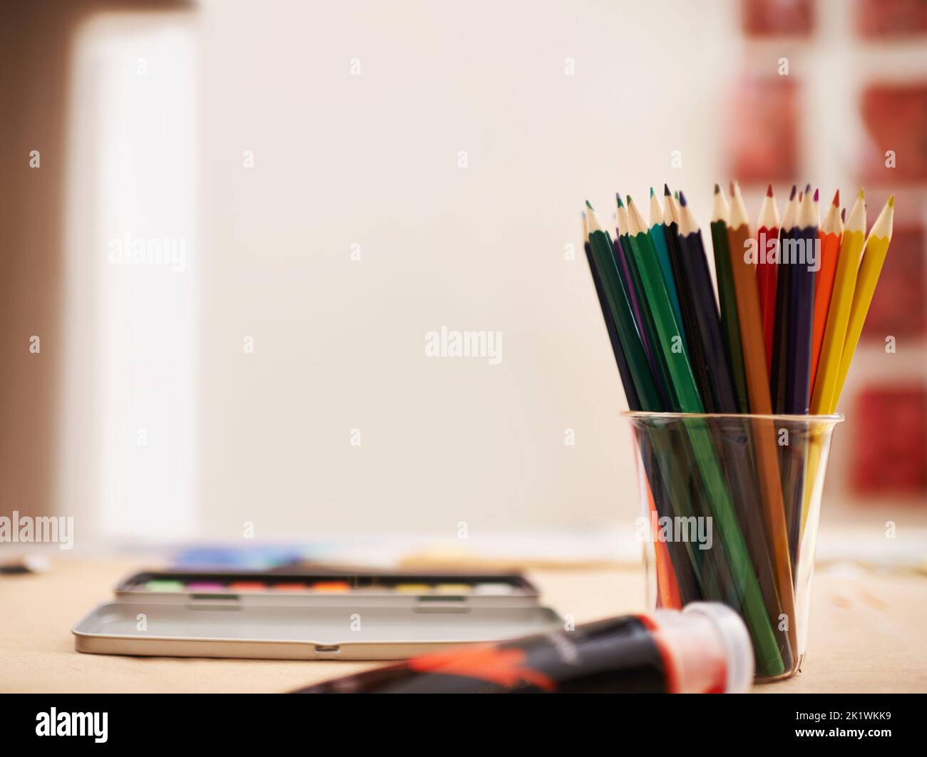 All you need to make an artwork. coloured pencils and paint Stock Photo ...