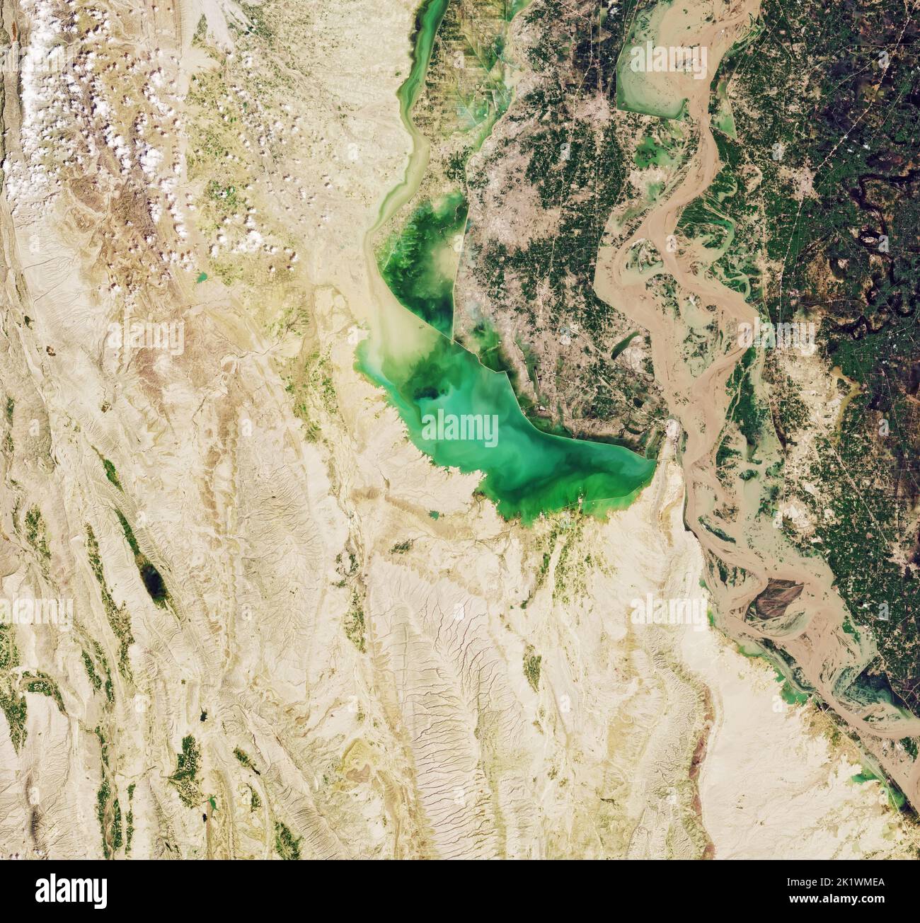 Lake Manchar overflowing, satellite image Stock Photo - Alamy