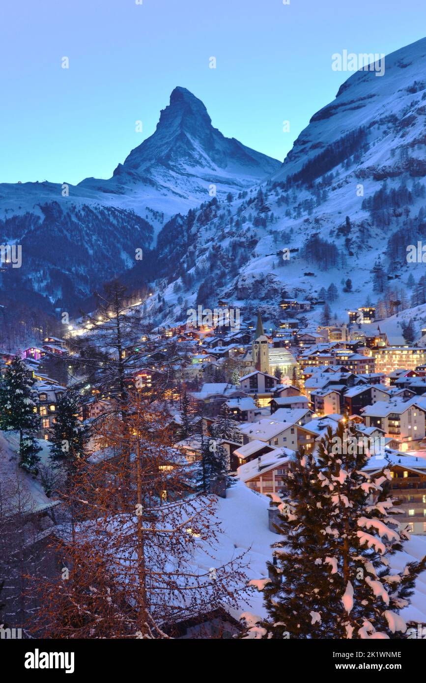 Switzerland. Valais canton. Zermatt. View of the village with the ...