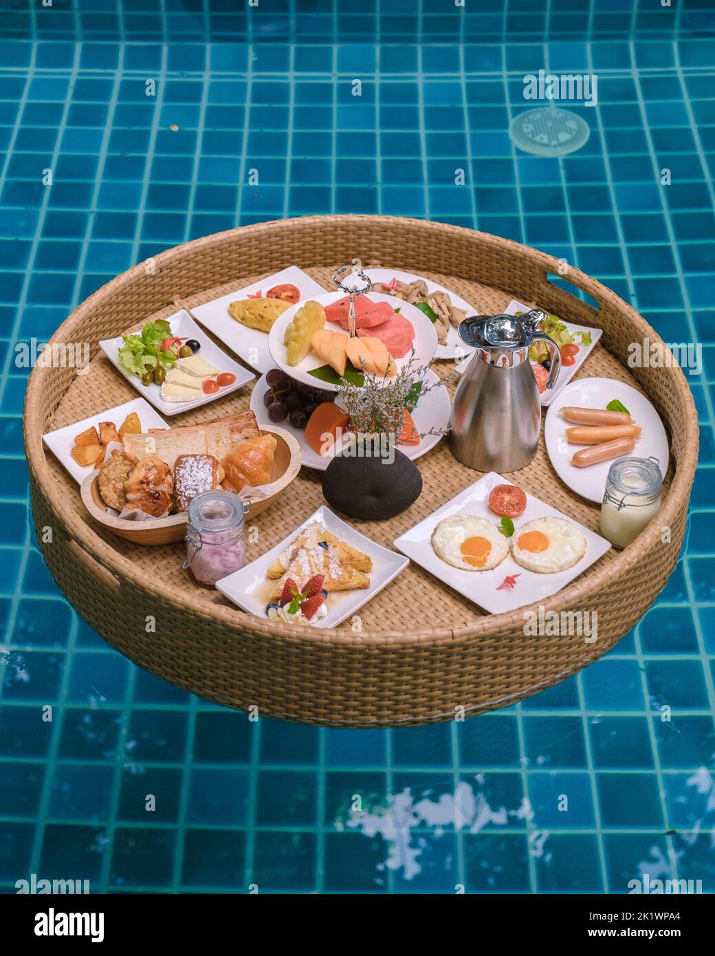 Top view of floating breakfast in the swimming pool, floating breakfast ...