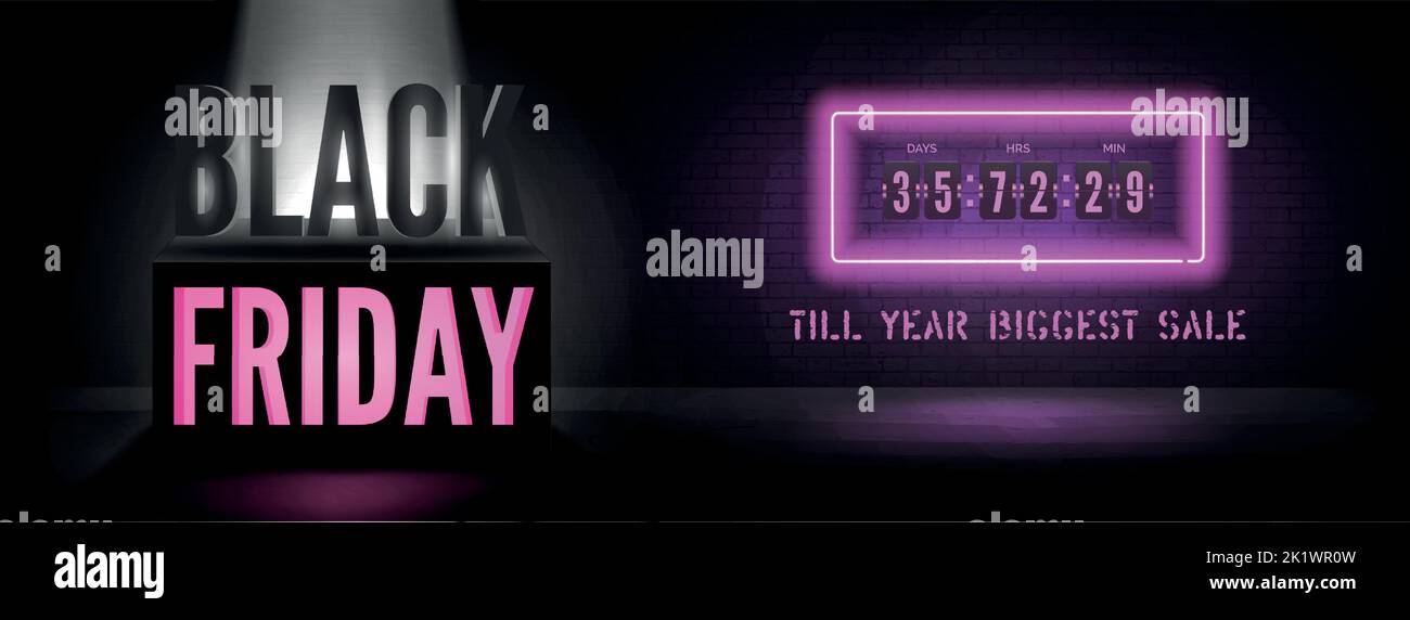 Neon countdown timer vector banner template. Vintage stencil font crazy ...