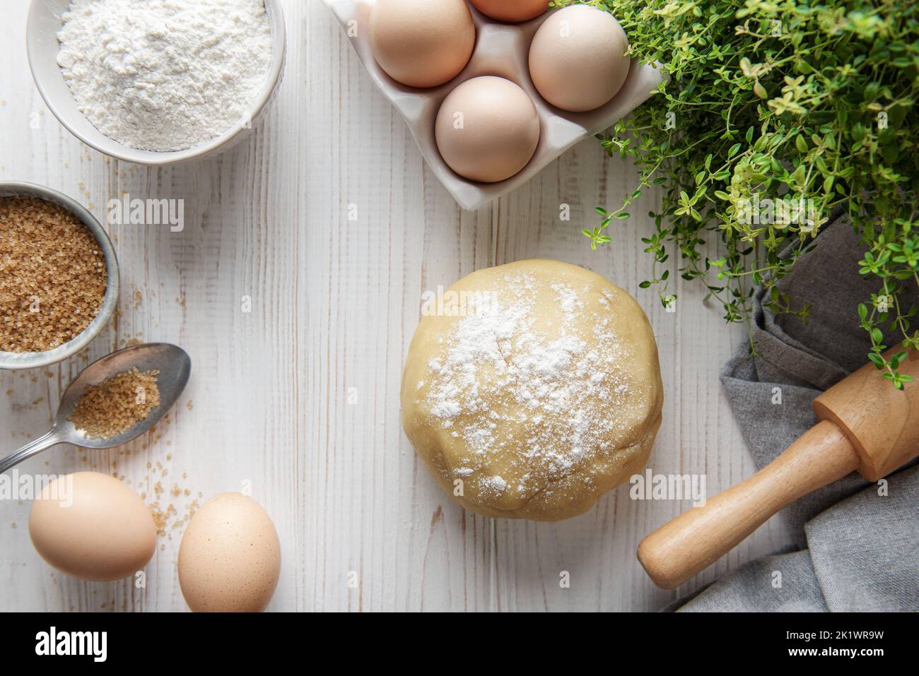 Dough recipe ingredients on white rural wood kitchen table Stock Photo ...