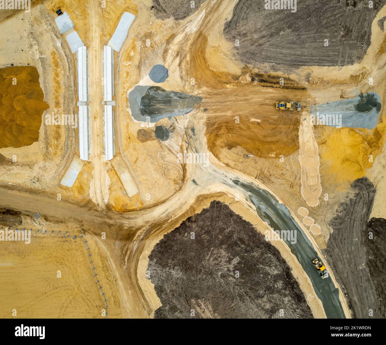 An aerial view of the construction of a freeway with interesting ...