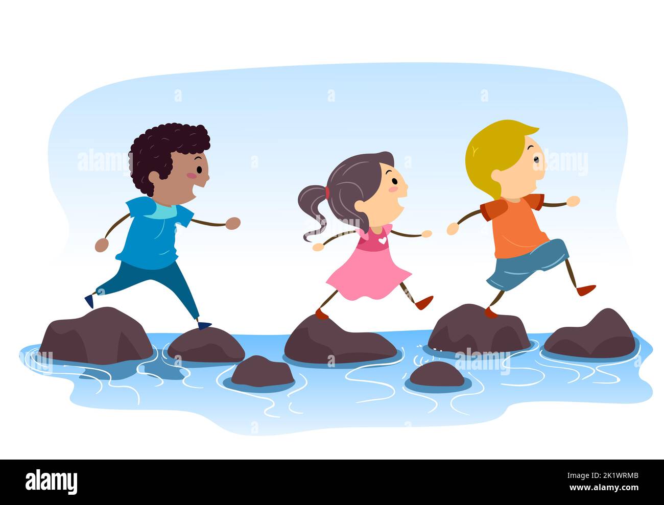 Illustration of Stickman Kids Crossing the Stream by Jumping On Rocks ...
