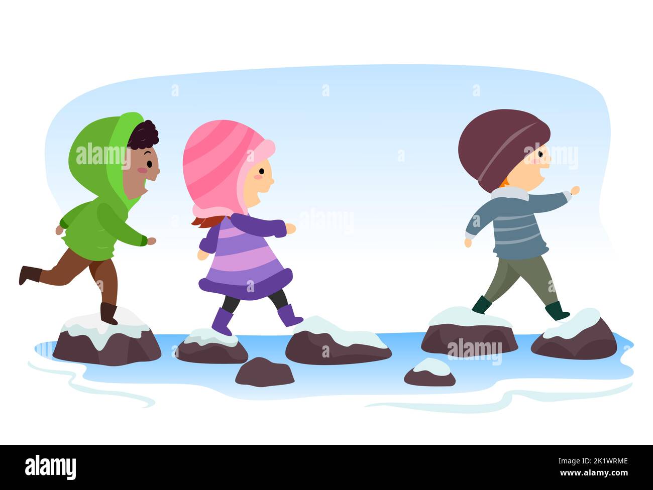 Illustration of Stickman Kids Crossing the Stream in Winter Stock Photo ...