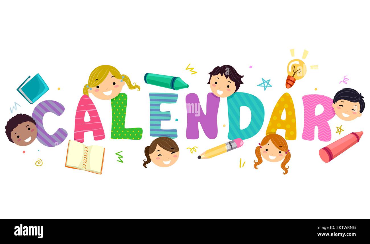 Illustration of Stickman Kids with School Calendar Lettering, Pencil ...