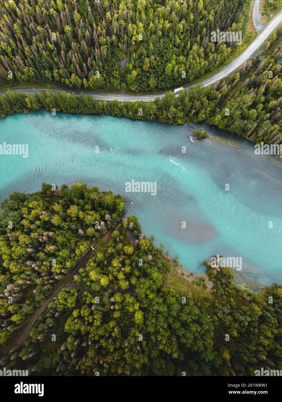A vertical aerial view of the Kenai River flowing in a forest ...