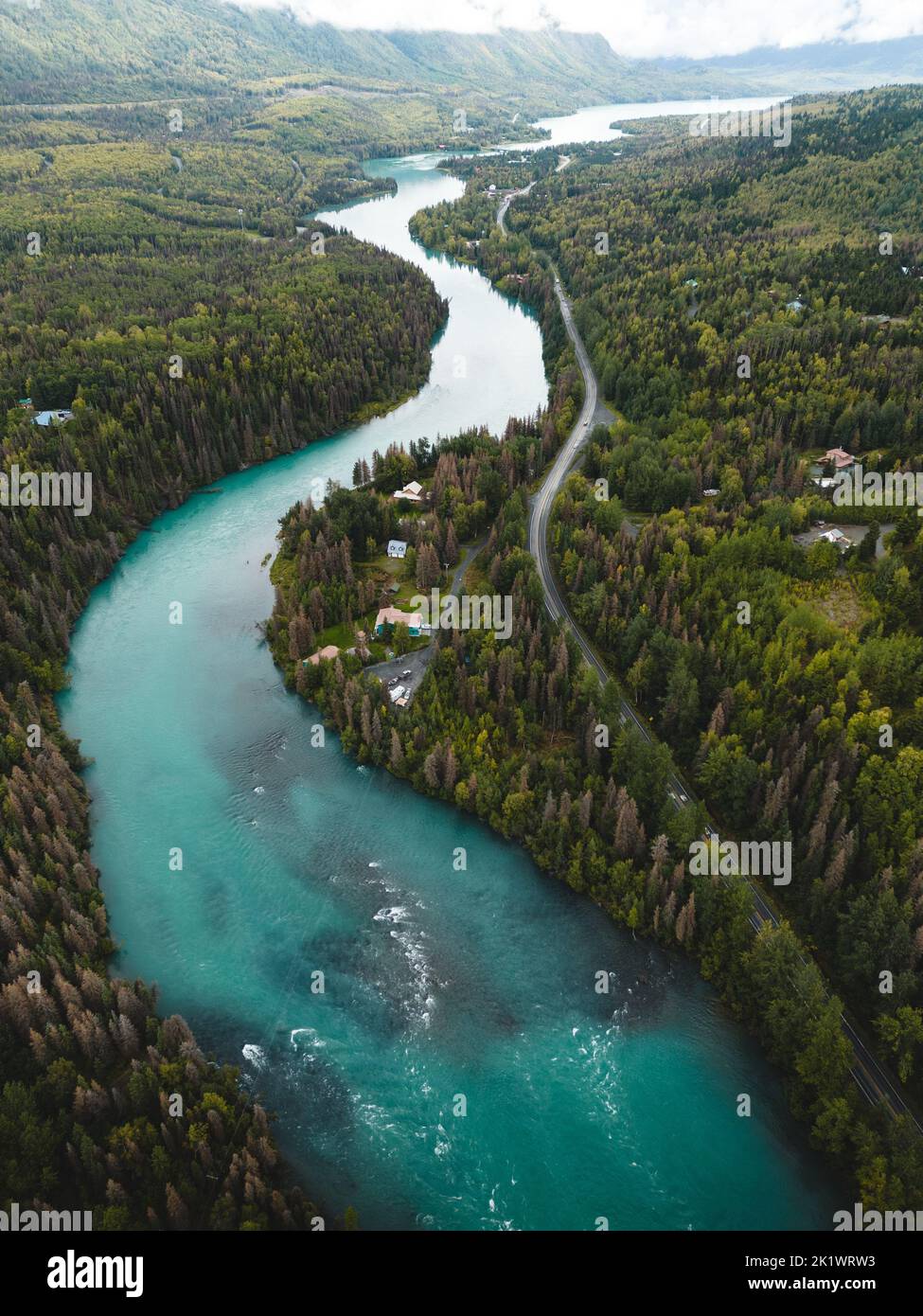 A vertical aerial view of the Kenai River flowing in a forest ...
