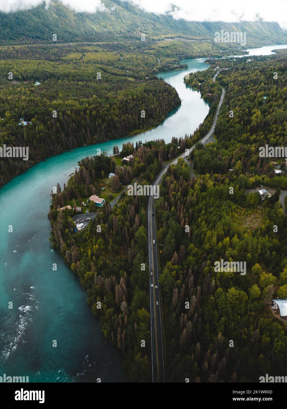 A vertical aerial view of the Kenai River flowing in a forest ...