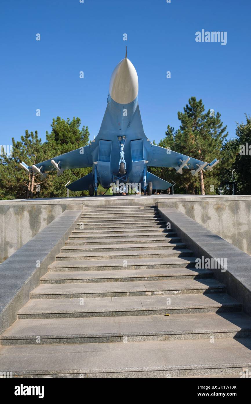 A restored blue and white Uzbek Air Force Sukhoi Su-27 fighter jet ...