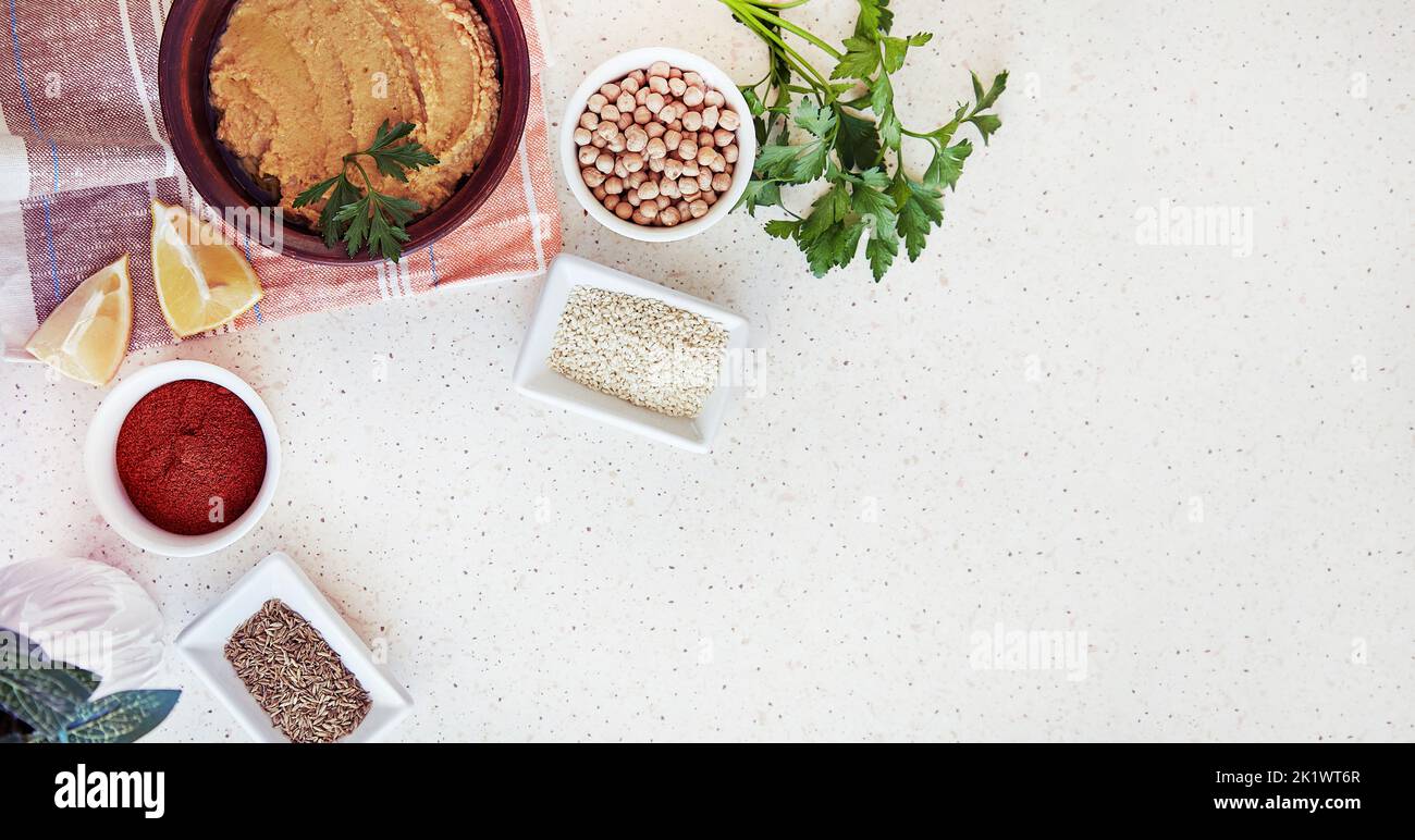 Hummus spread made from cooked and smashed chickpeas, tahini, olive oil ...