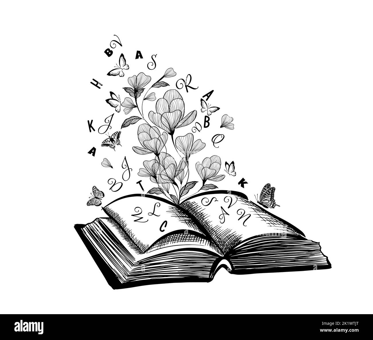 Graphic object book with letters and flowers abstraction. Vector ...