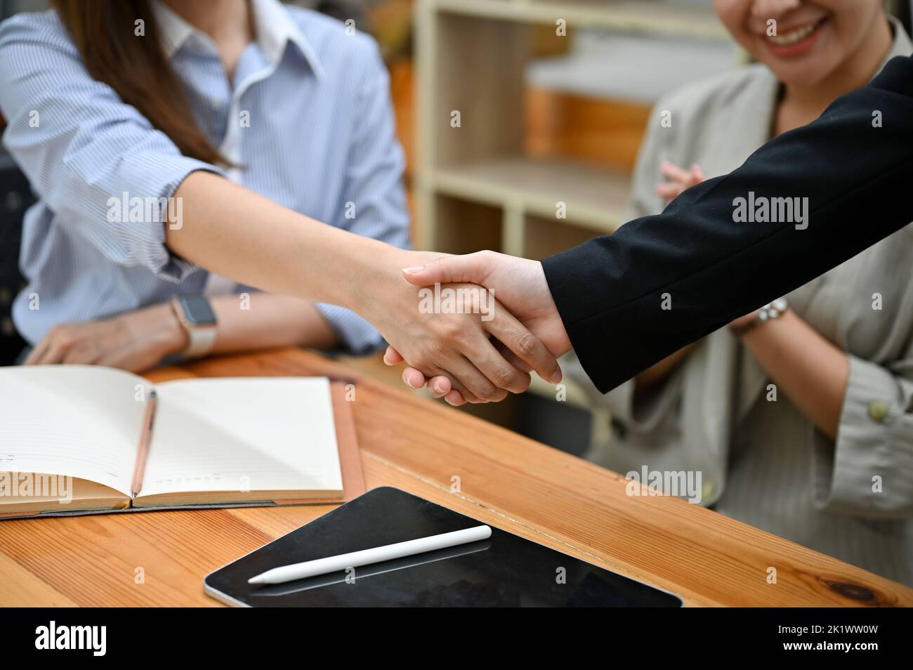 Two business partners are shaking hands after a cooperation meeting ...
