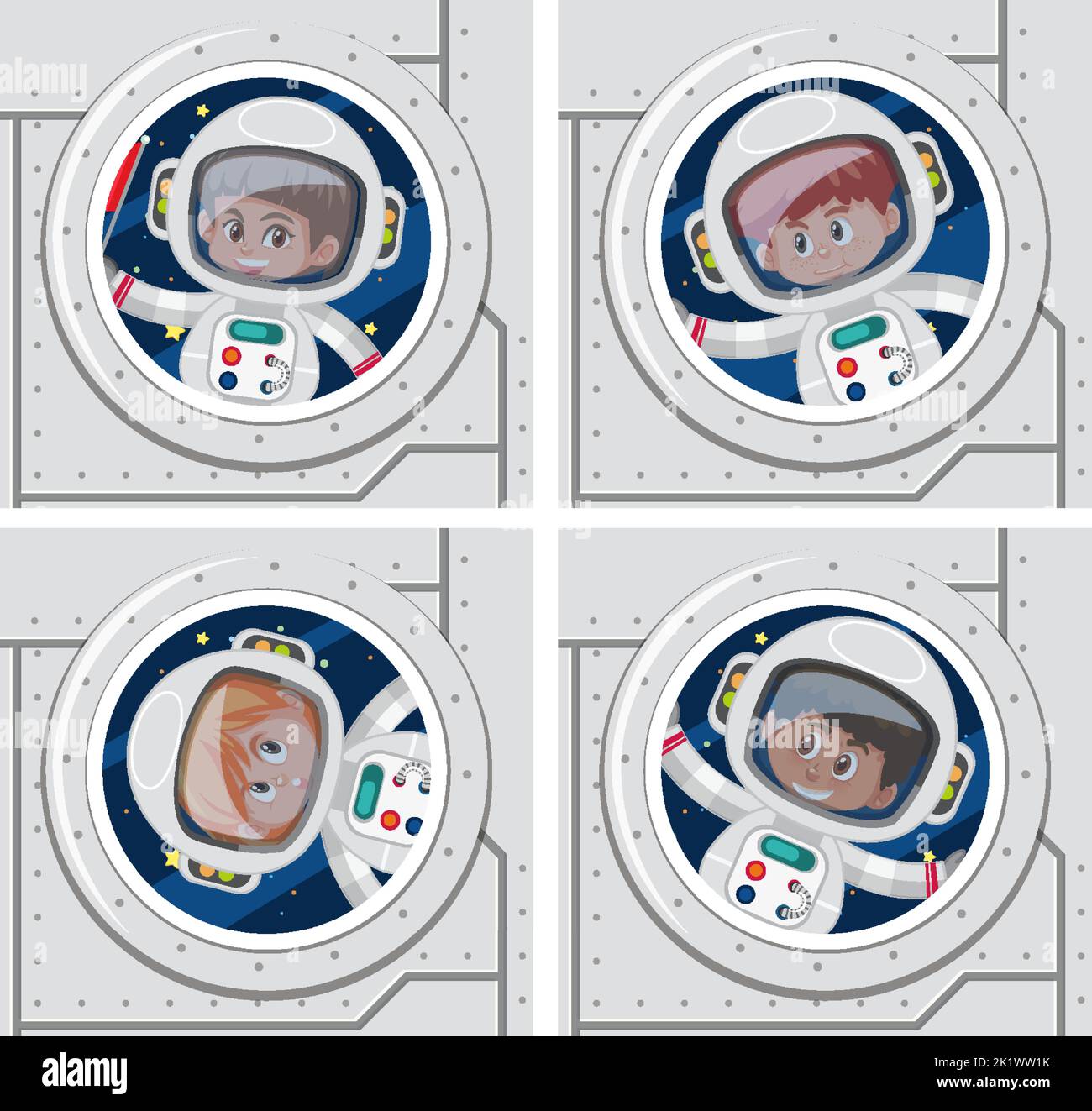 Set of different astronauts at spaceship windows illustration Stock ...