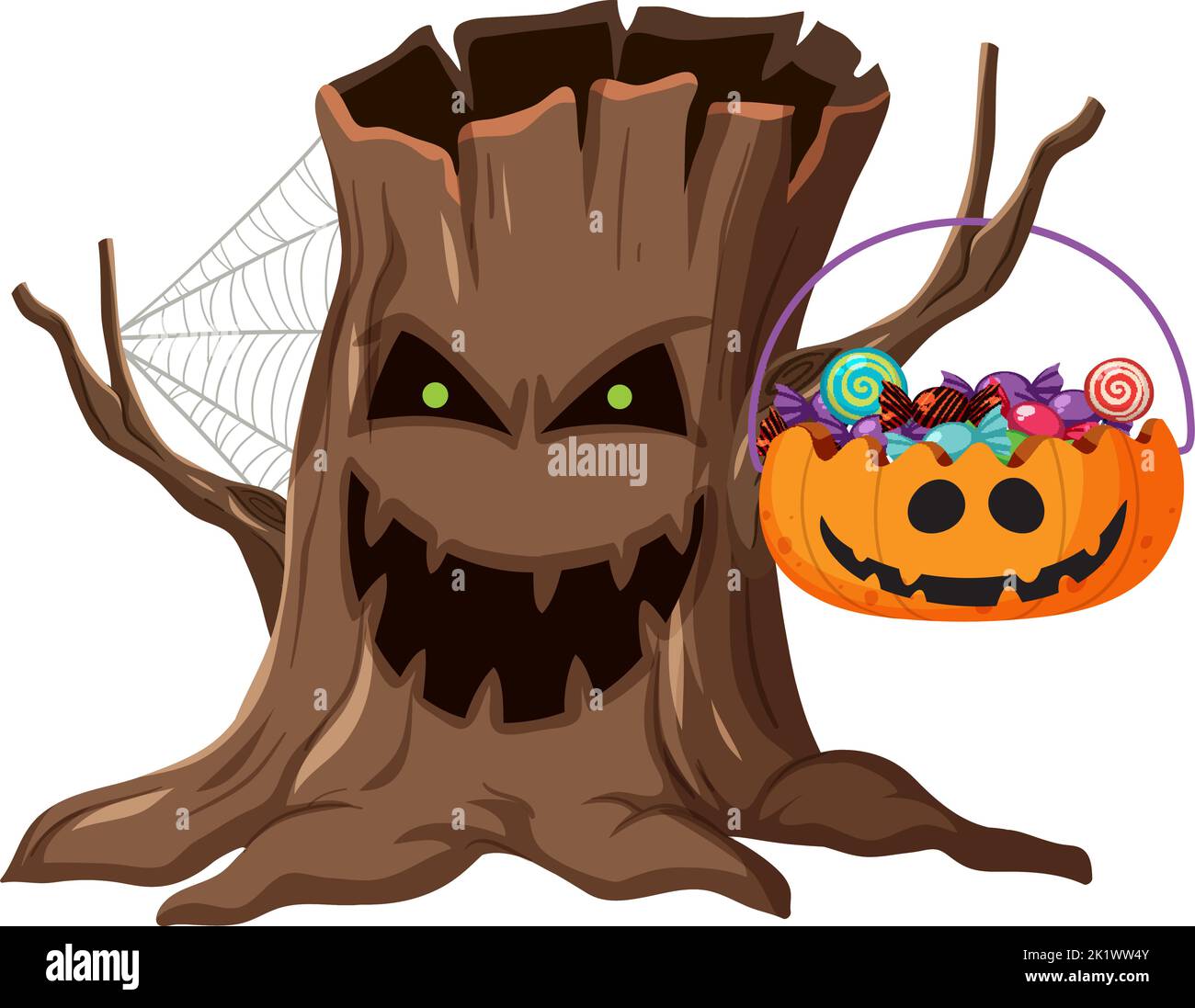 A scary tree stump holding candy basket on white background ...