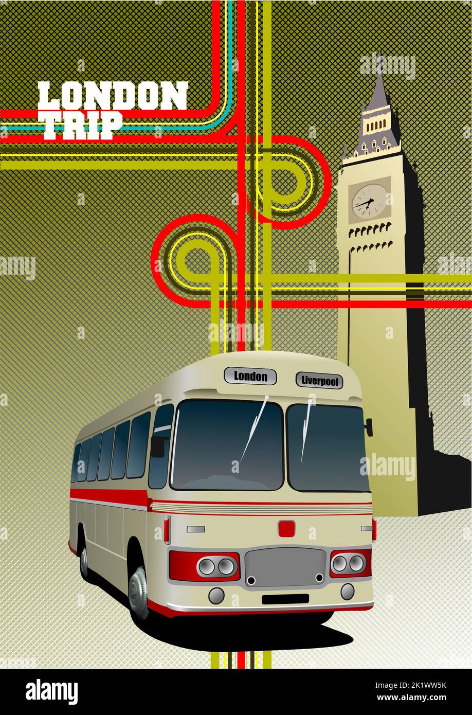 London trip poster with rarity yellow bus and junction images . Vector ...
