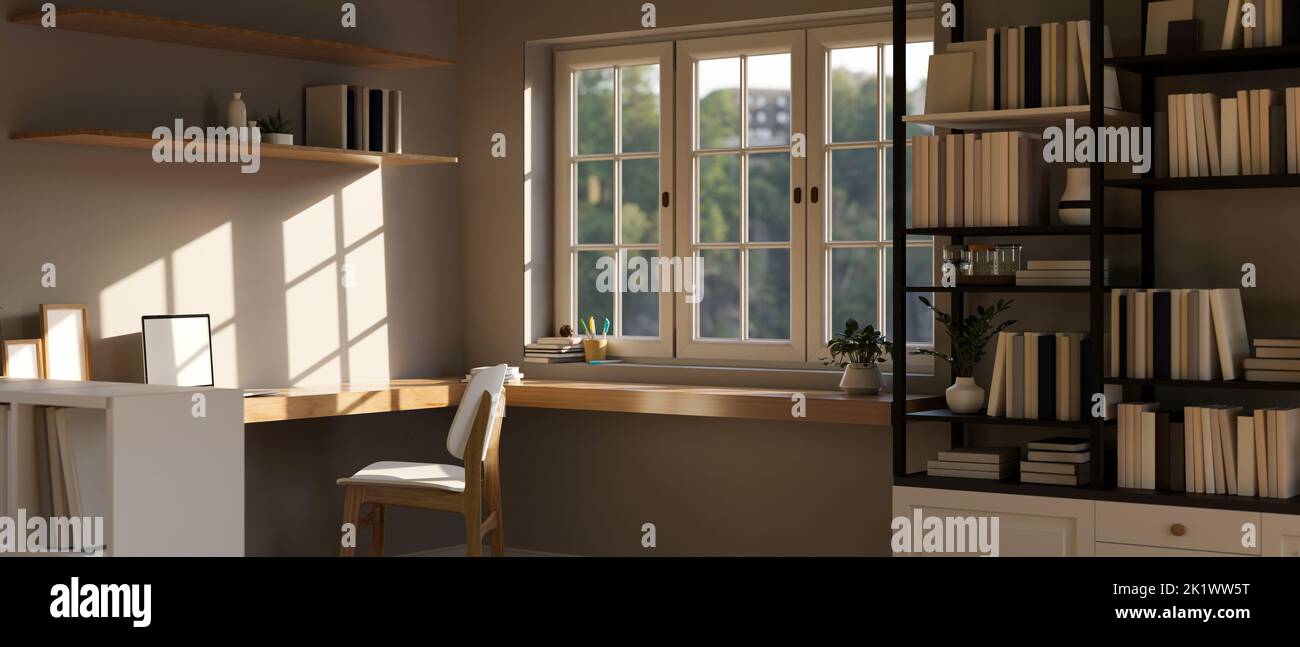 Minimal and comfortable home workspace near the window with wood corner ...