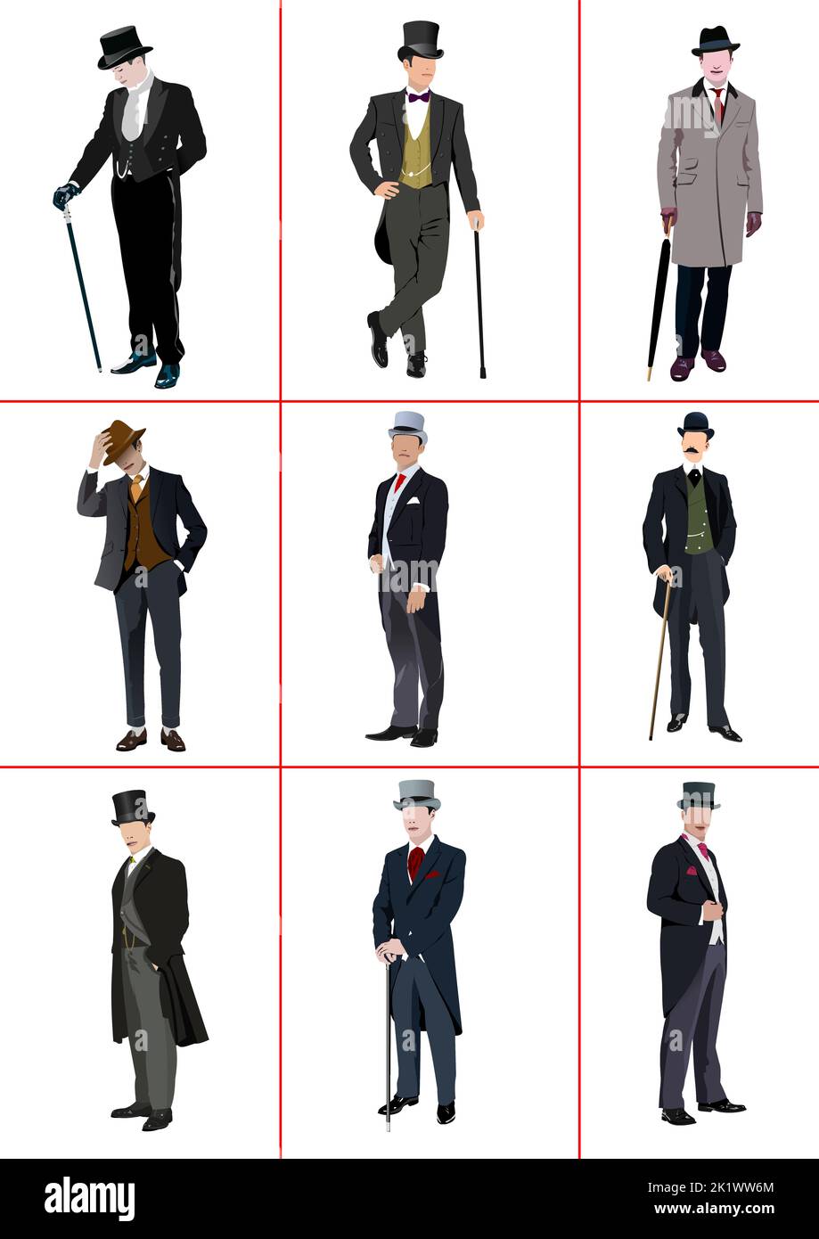 Nine handsome gentlemen on London background. Color 3d vector ...