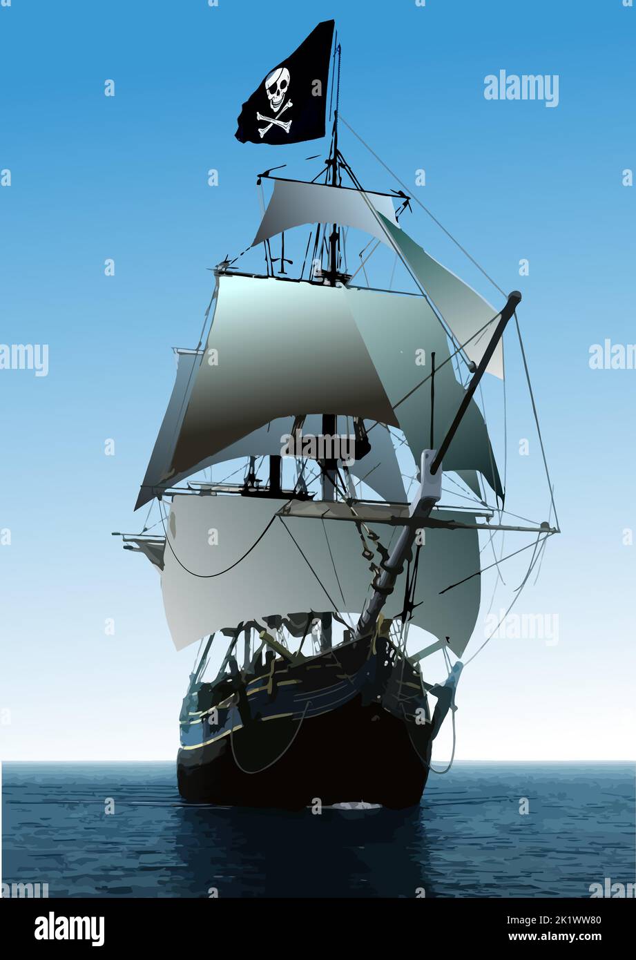 Old pirate ship (or sailing boat, galley, galleon, caravel). 3d vector ...