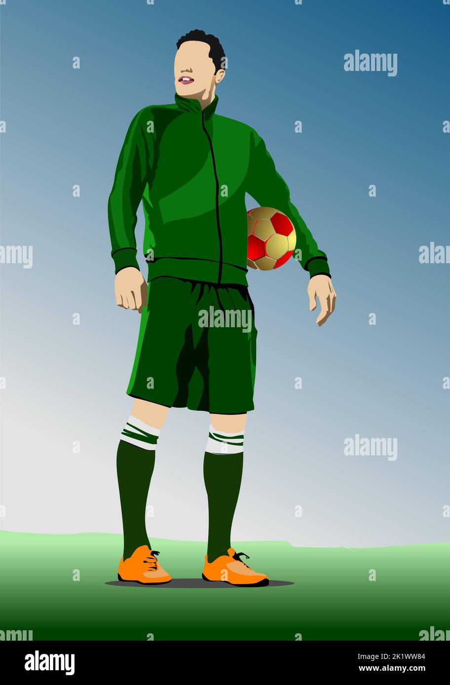 Soccer player with ball on the field of stadium. 3D vector color ...